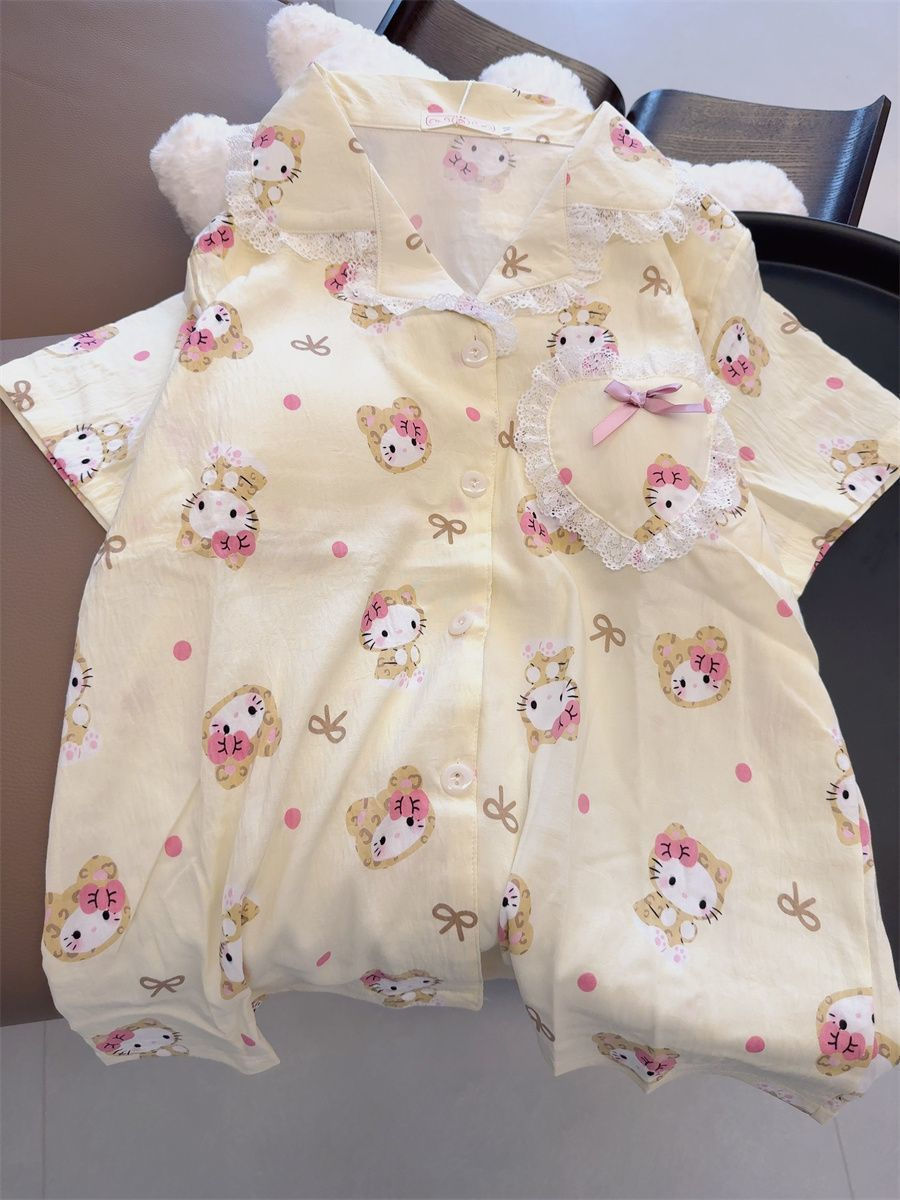Bộ Đồ Ngủ Nữ Mùa Hè Ren Hoạt Hình Hello Kitty, Quần Short Tay Ngắn Cho ...
