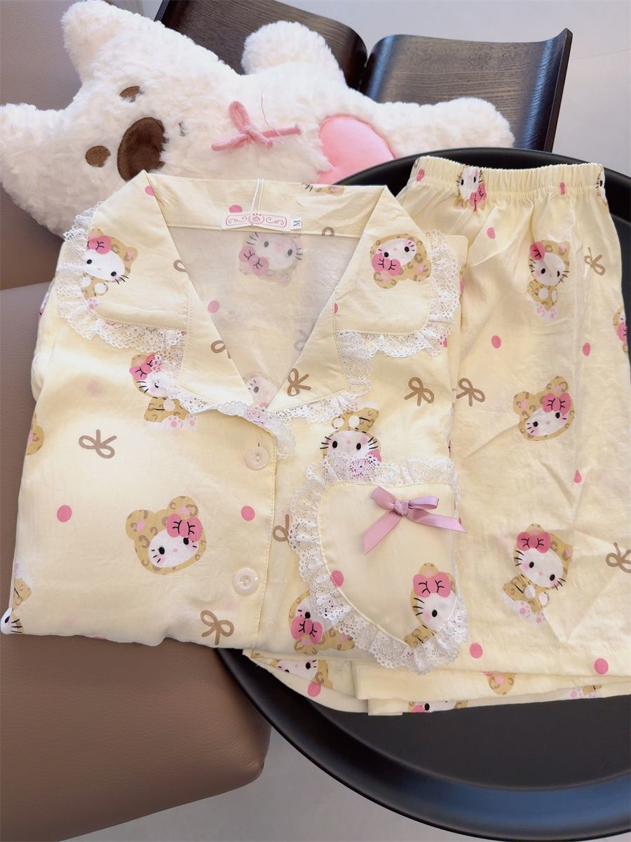 Bộ Đồ Ngủ Nữ Mùa Hè Ren Hoạt Hình Hello Kitty, Quần Short Tay Ngắn Cho ...