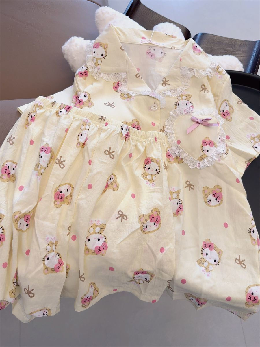 Bộ Đồ Ngủ Nữ Mùa Hè Ren Hoạt Hình Hello Kitty, Quần Short Tay Ngắn Cho ...