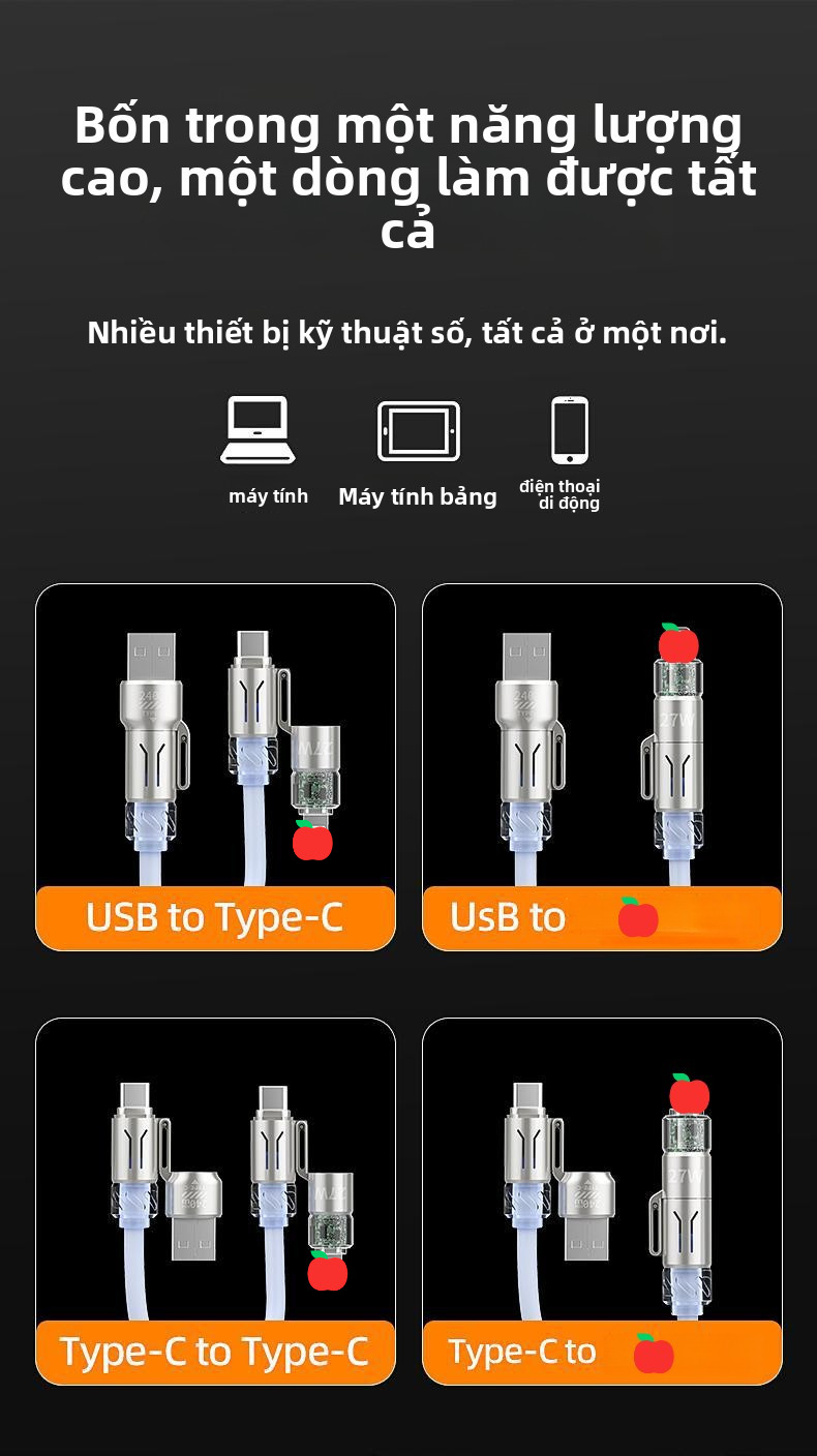 Cáp dữ liệu lò xo ô tô bốn trong một 240W Thích hợp cho USB, TYPE-C Sạc ...