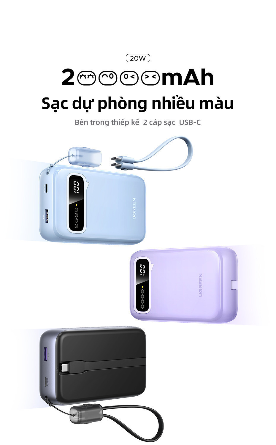 UGREEN Powerbank đầy màu sắc,, 20000mAh, với 2 Cáp USB C tích hợp ...