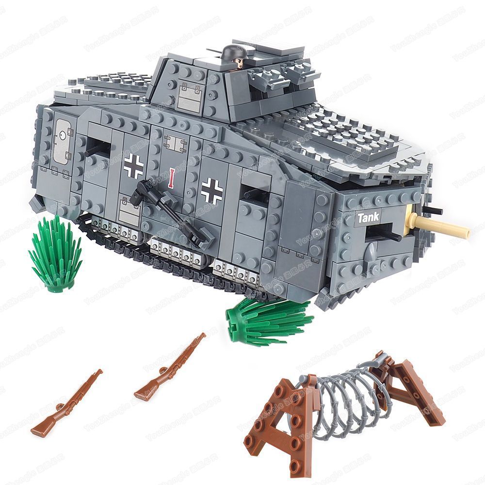 Tương thích LEGO A7V Tank WW1 Xe Tăng Màu Xám Đậm Pháo Di Động Mô Hình ...