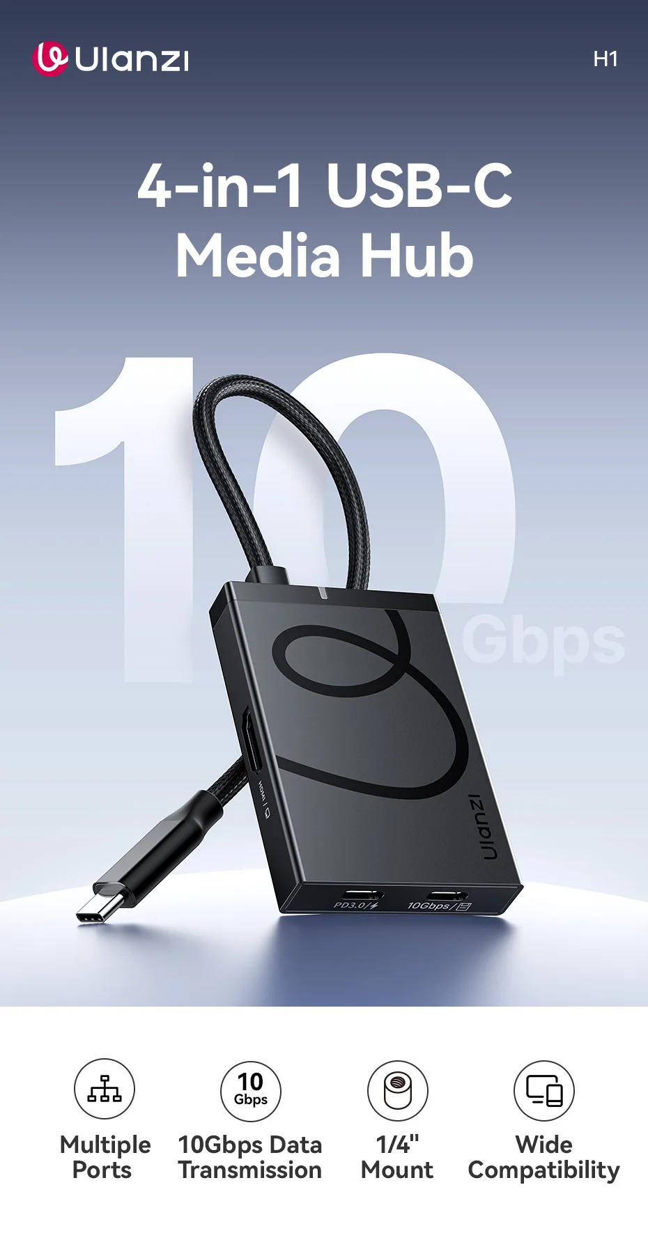 Ulanzi H1 4 trong 1 USB-C Media Hub USB-C 3.2 4K 10Gbps Truyền ngày Multiport HDMI PD Bộ chuyển ...