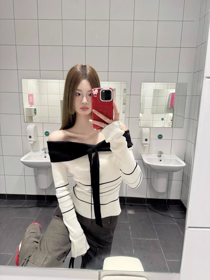 Áo len dệt kim lệch vai sọc mùa xuân dành cho nữ Slim Fit Top | Shopee ...