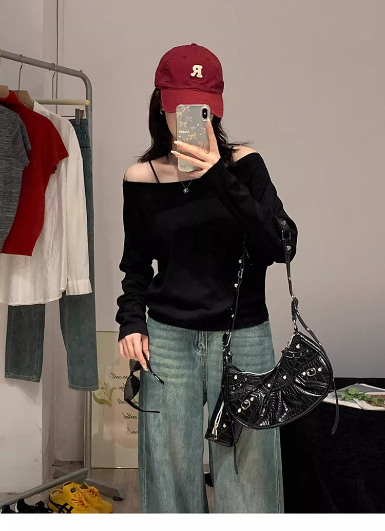 Áo thun dài tay lệch vai mùa thu đông dành cho nữ có gân chi tiết ...