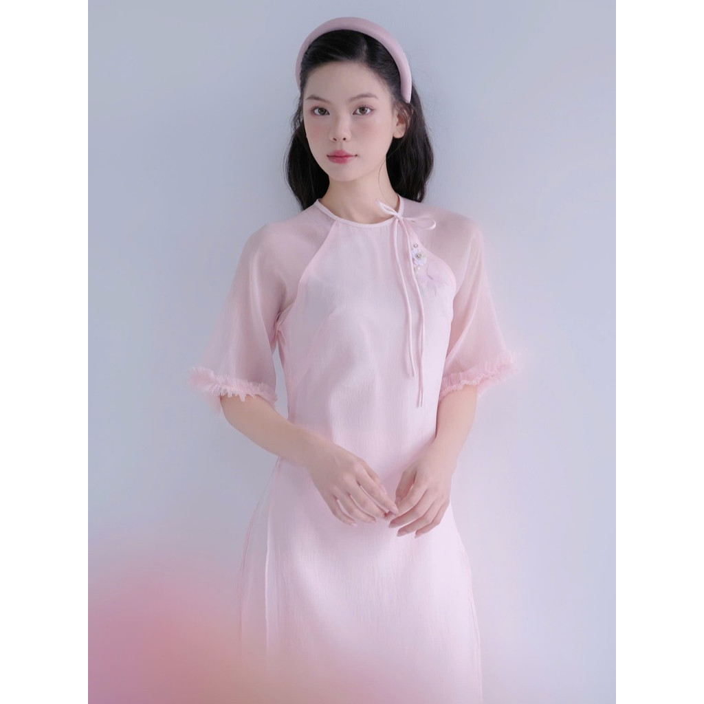 Áo Dài Hồng Phấn Xuân Vy Cách Tân Tơ Cao Cấp Đính Nơ Thủ Công | Thiết Kế Xuân Vy GUVIE | Shopee ...