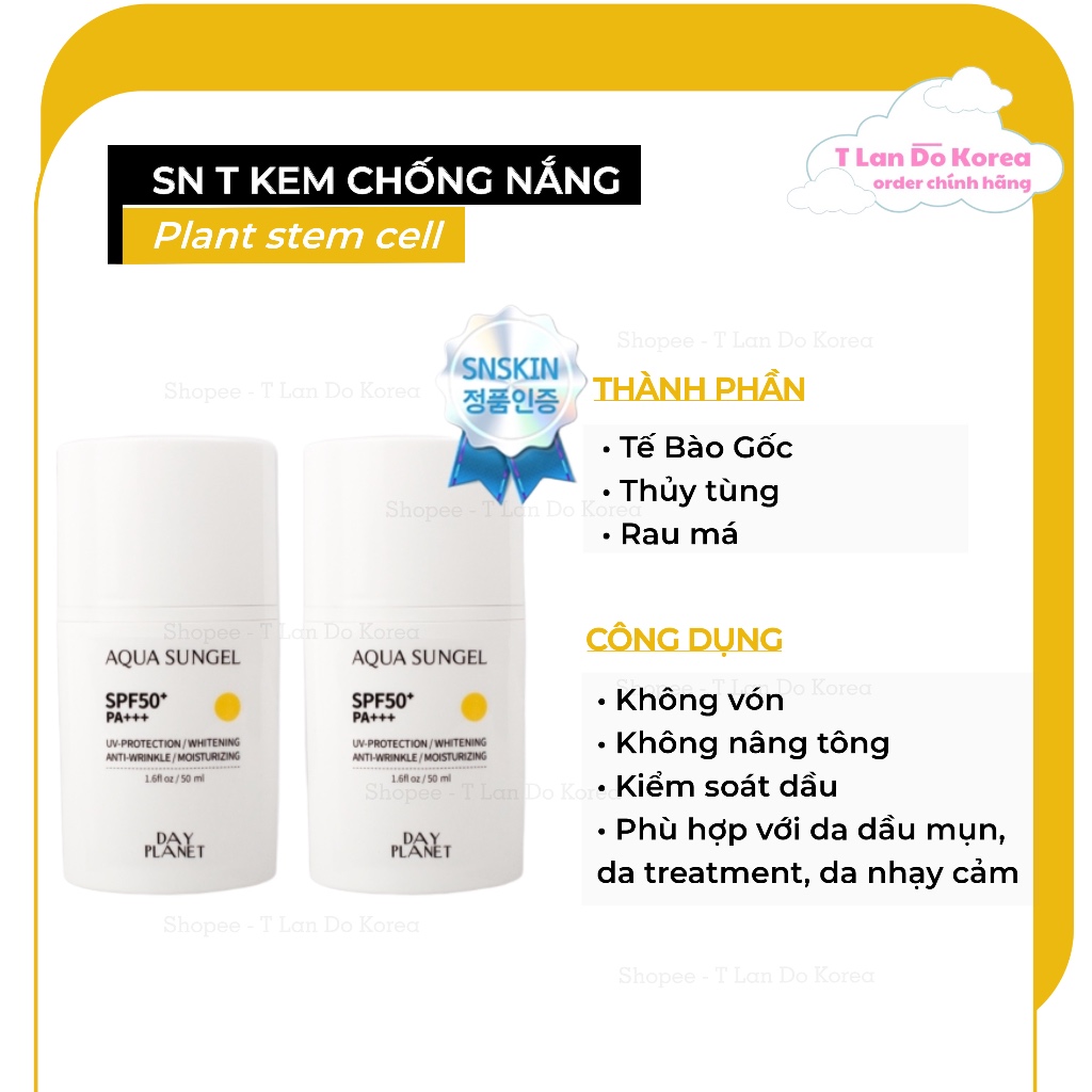𝗧 𝗟𝗮𝗻 𝗗𝗼 𝗞𝗼𝗿𝗲𝗮 𝗢𝗿𝗱𝗲𝗿 - Kem Chống Nắng SN T Tế Bào Gốc 50ml Aqua Snugel | Shopee Việt Nam