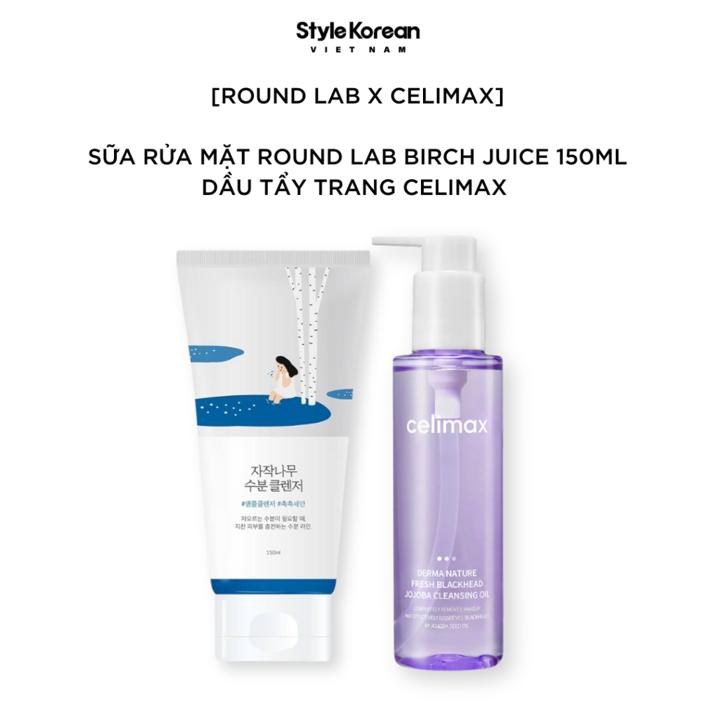 Set sữa rửa mặt dưỡng ẩm Roundlab Birch Juice + Dầu tẩy trang làm sạch ...