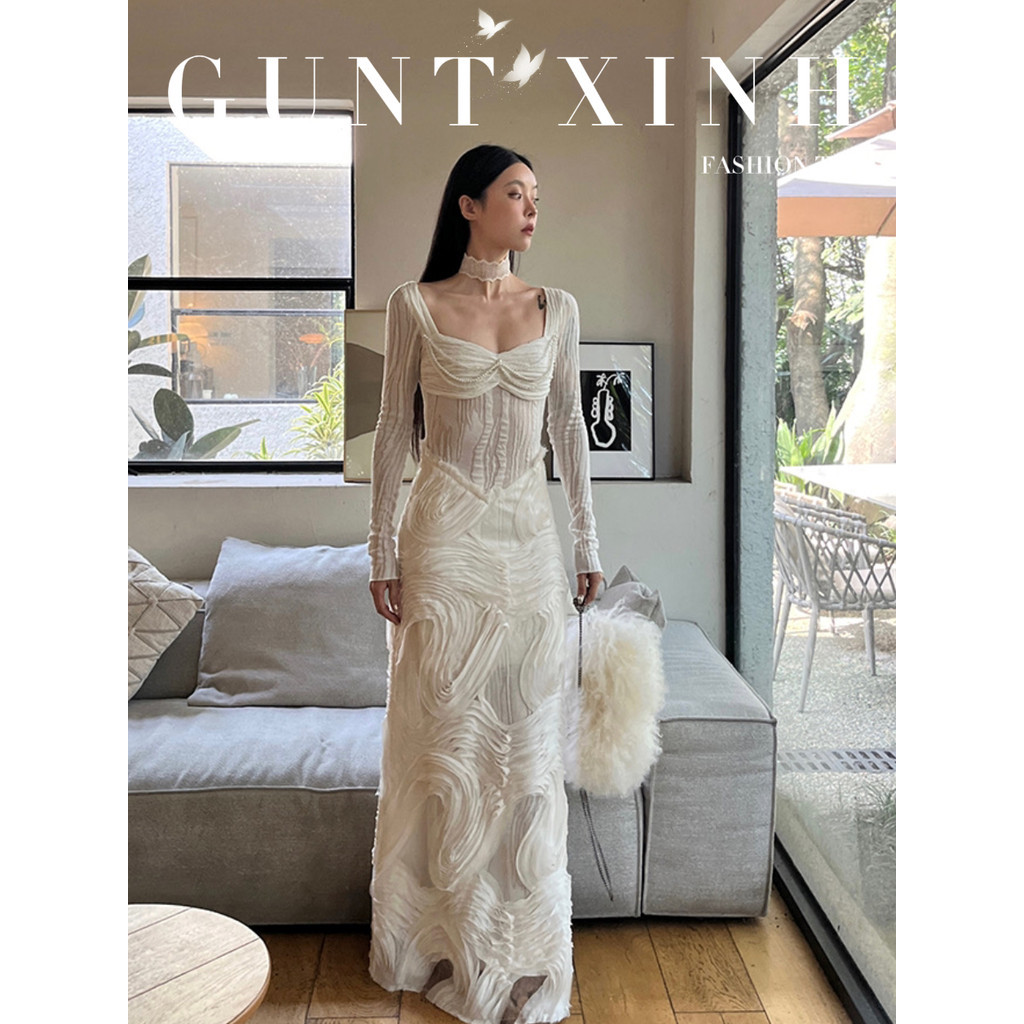 Váy ren đuôi cá dáng ôm body tôn dáng nhẹ nhàng nữ tính retro Pháp, Vibe tiểu thư Queenie Luxe ...