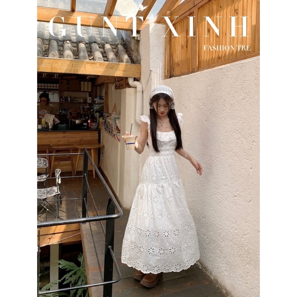 Váy trễ vai xẻ tà tiểu thư hở lưng dây buộc điệu đà mix khăn turban Kiểu Pháp đi biển dã ngoại ...