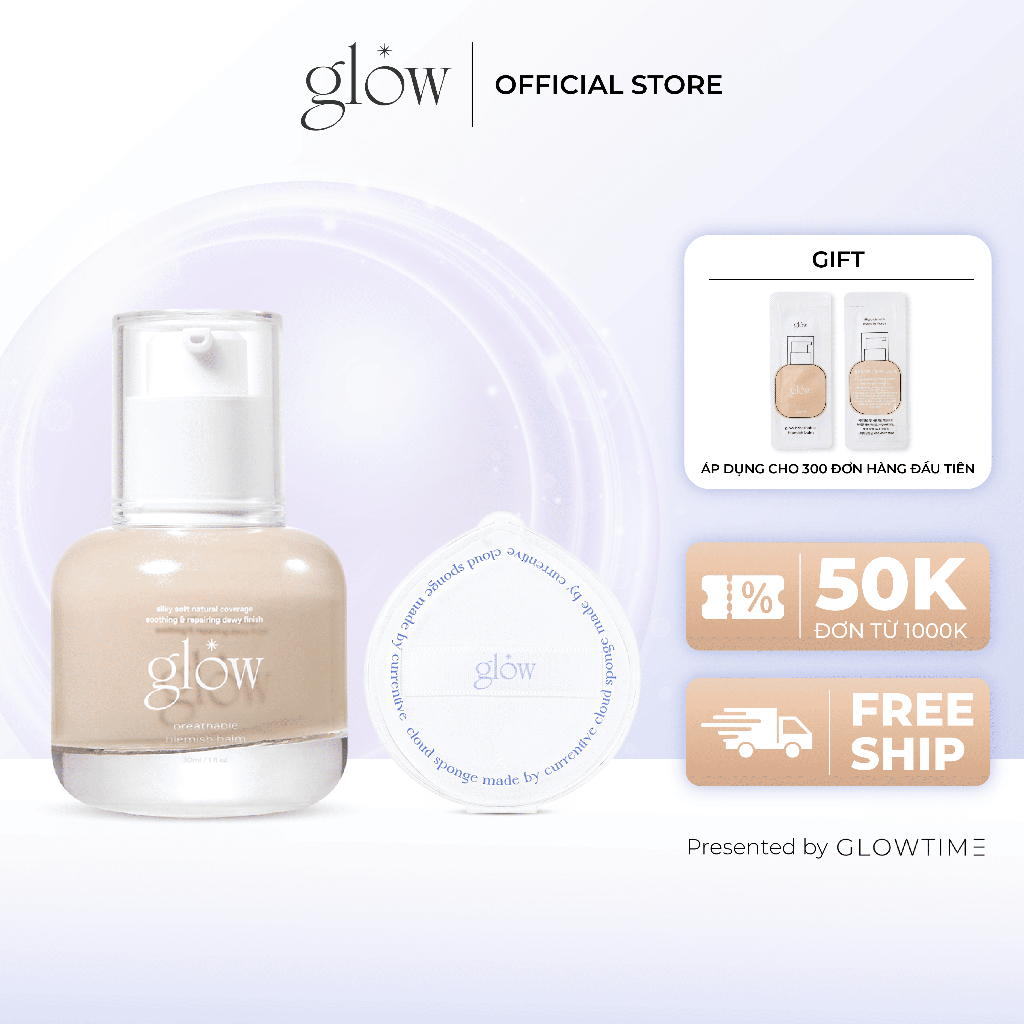 Combo GLOW Breathable Blemish Balm 30ml mỏng nhẹ che phủ cao và Mút trang điểm Cloud Sponge 3EA ...