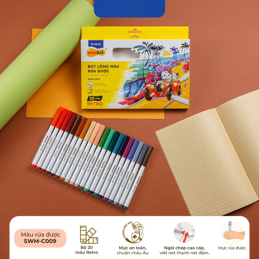 Bút lông màu Fiber Pen Thiên Long Colokit - Có màu rửa được, ngòi bấm ...