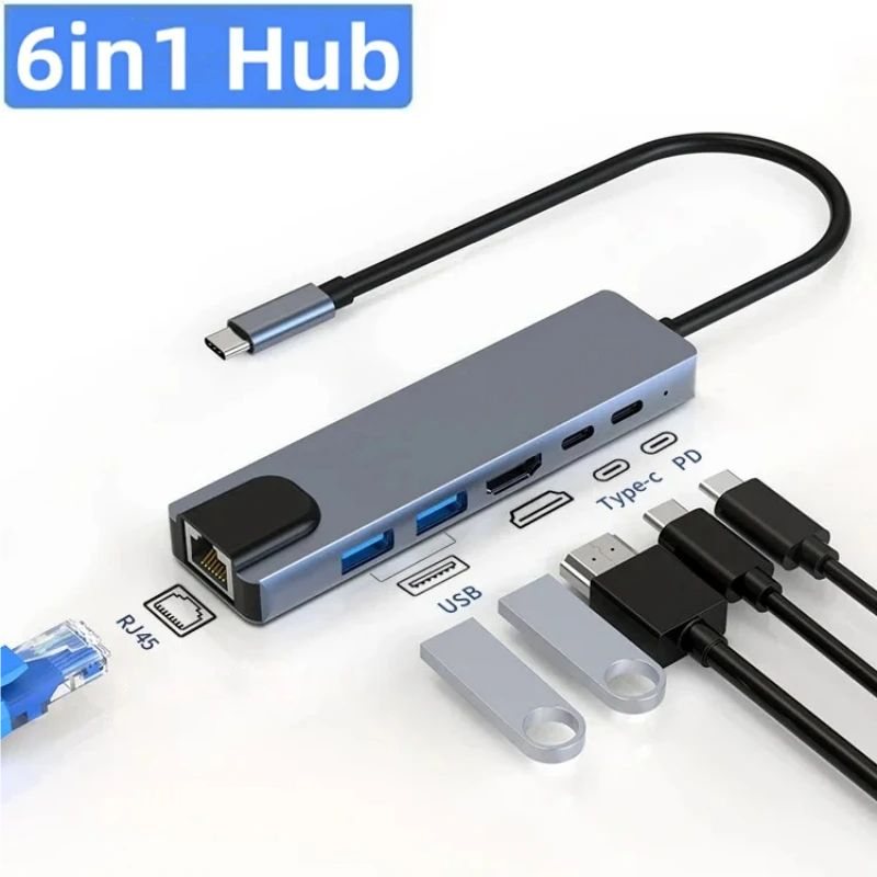 Bộ chuyển đổi USB HDMI RJ45 Hub 6 trong 1 Type C cho máy tính xách tay ...
