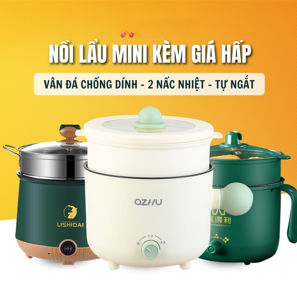 Nồi Lẩu Điện Mini Nấu Mì 2 Tầng Kèm Giá Hấp Đa Năng Chống Dính Vấn Đá