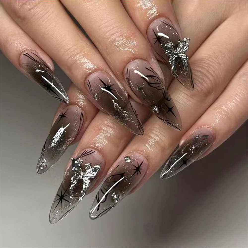24 Chiếc Bấm Dài Trên Móng Tay Stiletto Đen Nơ Flash Dril Hoạt Hình Vẽ ...