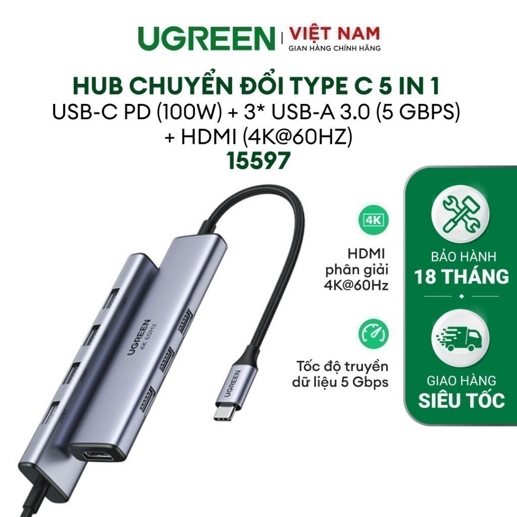 [Gift] Hub chuyển đổi Type C Ugreen 5 in 1 15597 | Shopee Việt Nam