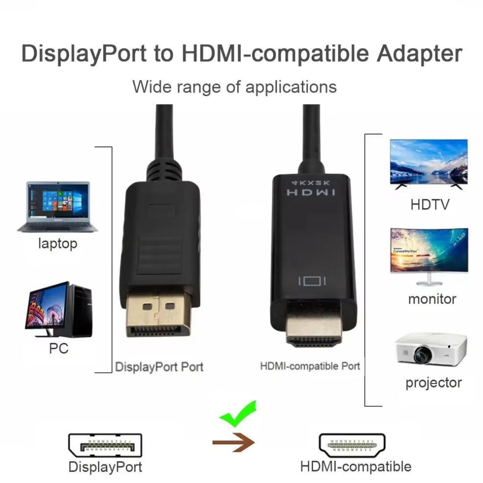 Cáp DisplayPort sang HDMI 1.8M 4K cho máy tính xách tay, PC sang TV/màn ...