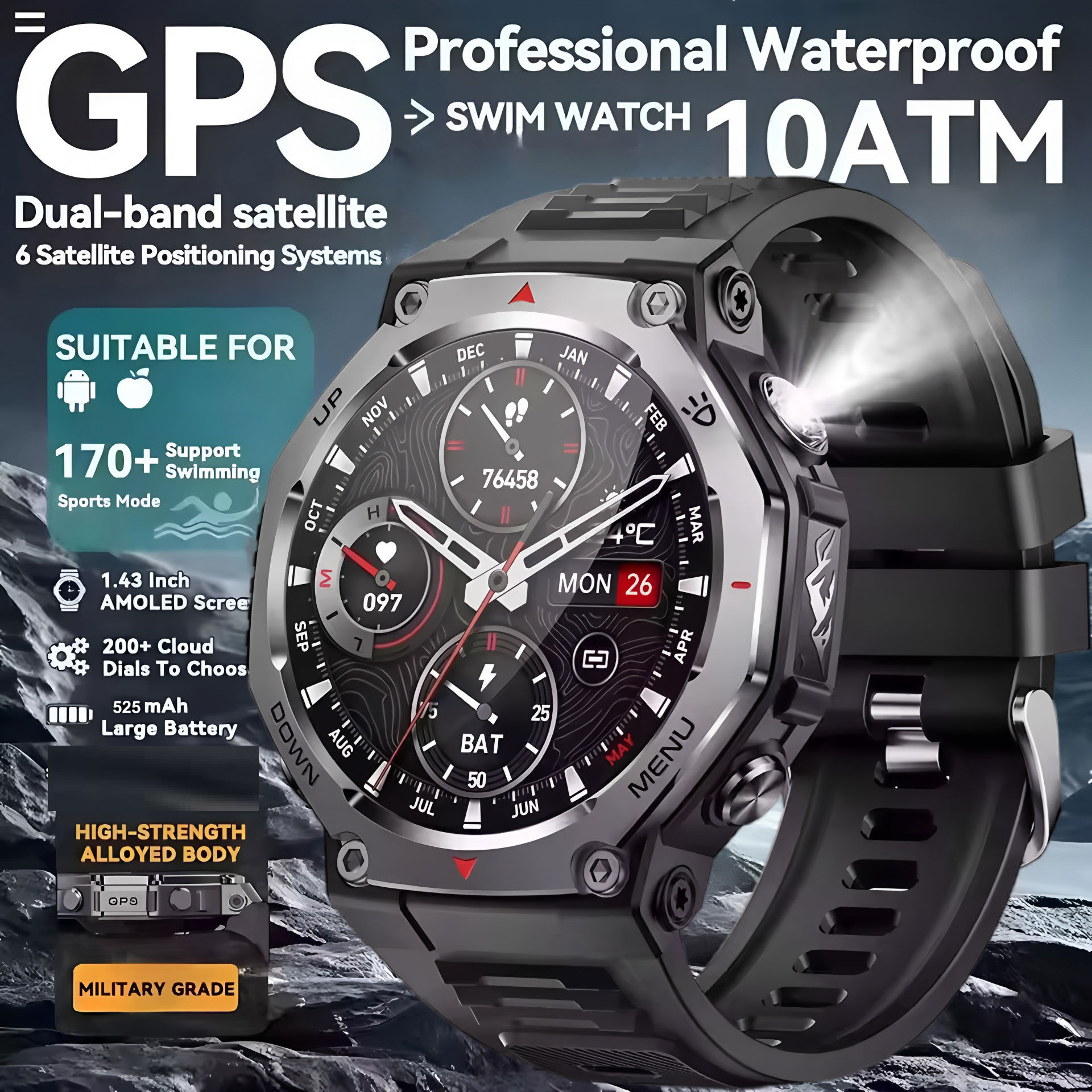 Đồng hồ thông minh T-Rex 3 Ultra GPS mới, đèn pin, chống nước 5ATM, la bàn thể thao, dành cho ...