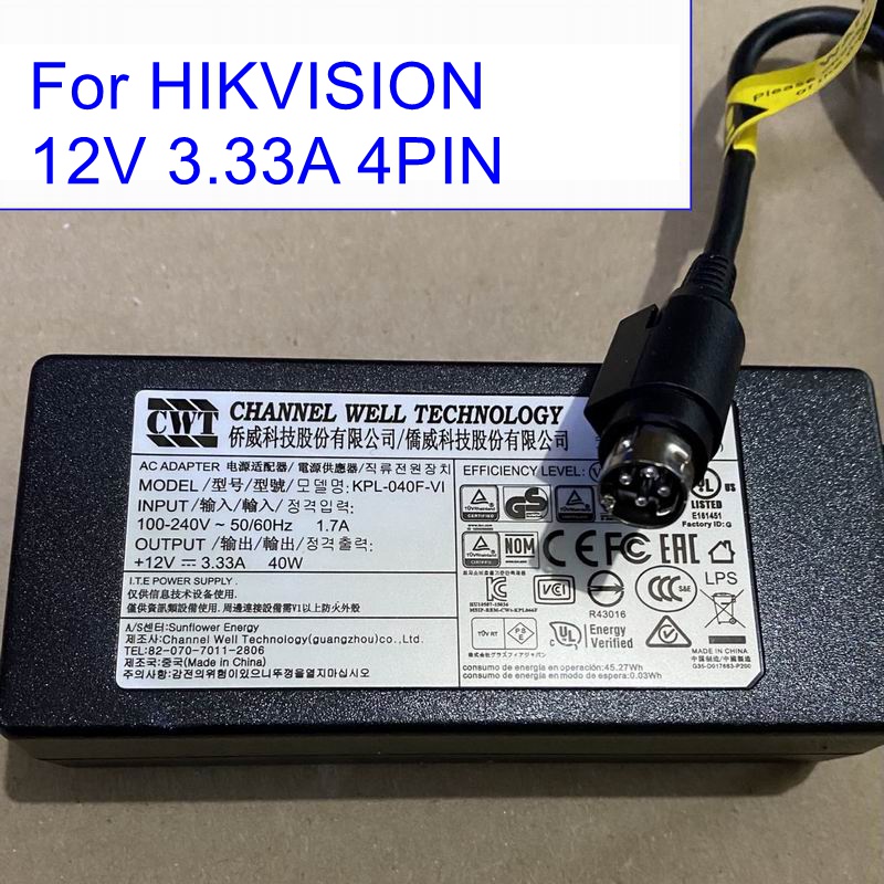 CWT 12V 3.33A 4PIN AC DC Adapter Cho Máy Ghi Hình HIKVISION 40W Nguồn Sạc Adapter KPL-040F-VI ...
