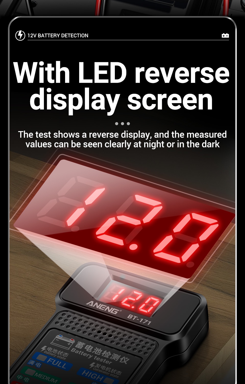 Máy kiểm tra pin đa chức năng ANENG BT-171 12V có màn hình lùi LED để sửa chữa ô tô và thợ điện ...
