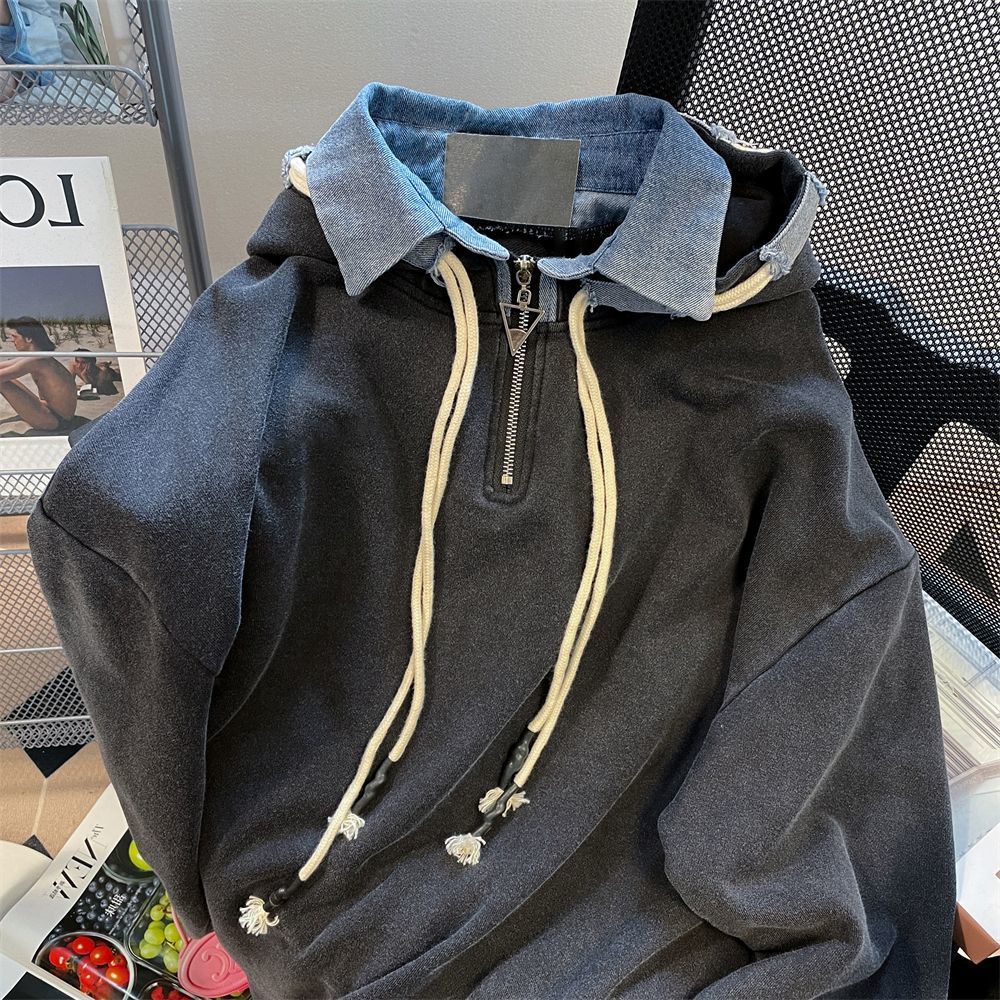 [yuanz] Áo Khoác denim Có Mũ Trùm Đầu Giặt Được Khóa Kéo Nửa Dáng Rộng retro Đường Phố Cho Cặp ...