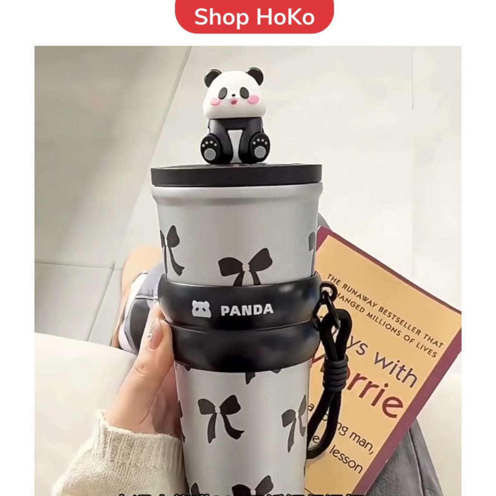 Ly giữ nhiệt Panda 700ml inox 304 cốc giữ nhiệt nóng lạnh ShopHoKo có ống hút quai xách tiện lợi ...