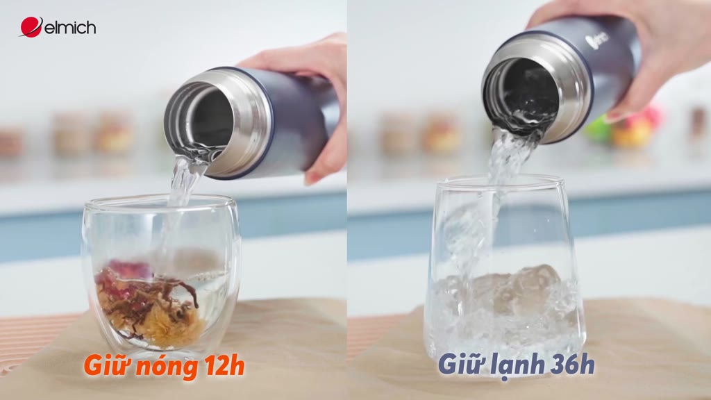 Bình giữ nhiệt inox 316 Elmich EL8315 480ml, Hàng chính hãng, nắp dùng làm cốc, có lưới lọc ...