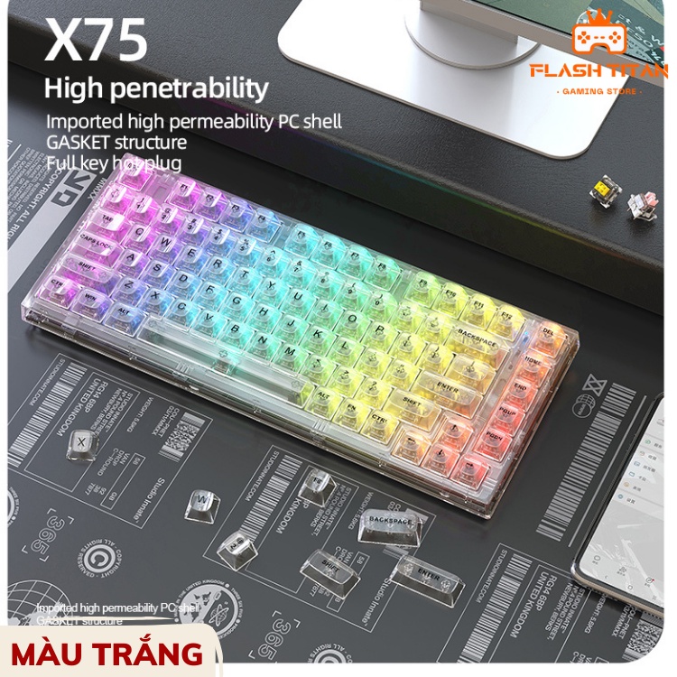 Bàn phím Cơ Trong Suốt X75 HOTSWAP 5 pin, Keycap trong suốt đẹp mắt Led ...