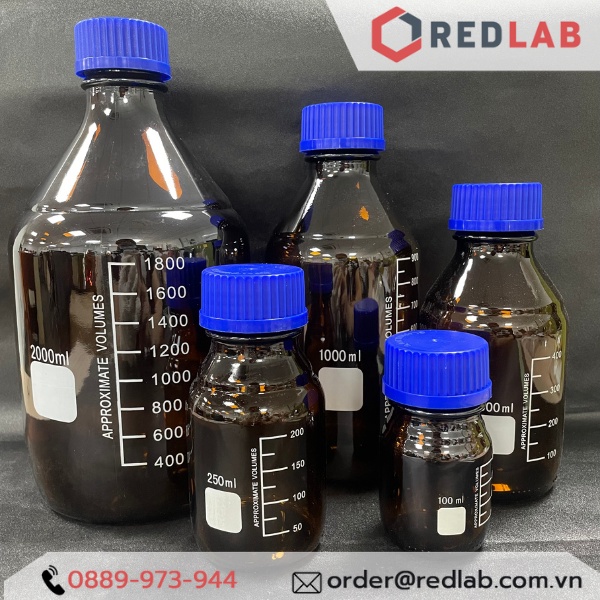 Chai nâu nắp vặn xanh ONELAB 100ml 250ml 500ml, chai thuỷ tinh soda-lime đựng mẫu thí nghiệm, có ...