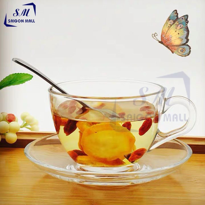 Bộ 6 ly UNION và 6 dĩa UNION 210ml / Bộ 6 ly quai và dĩa thủy tinh uống ...