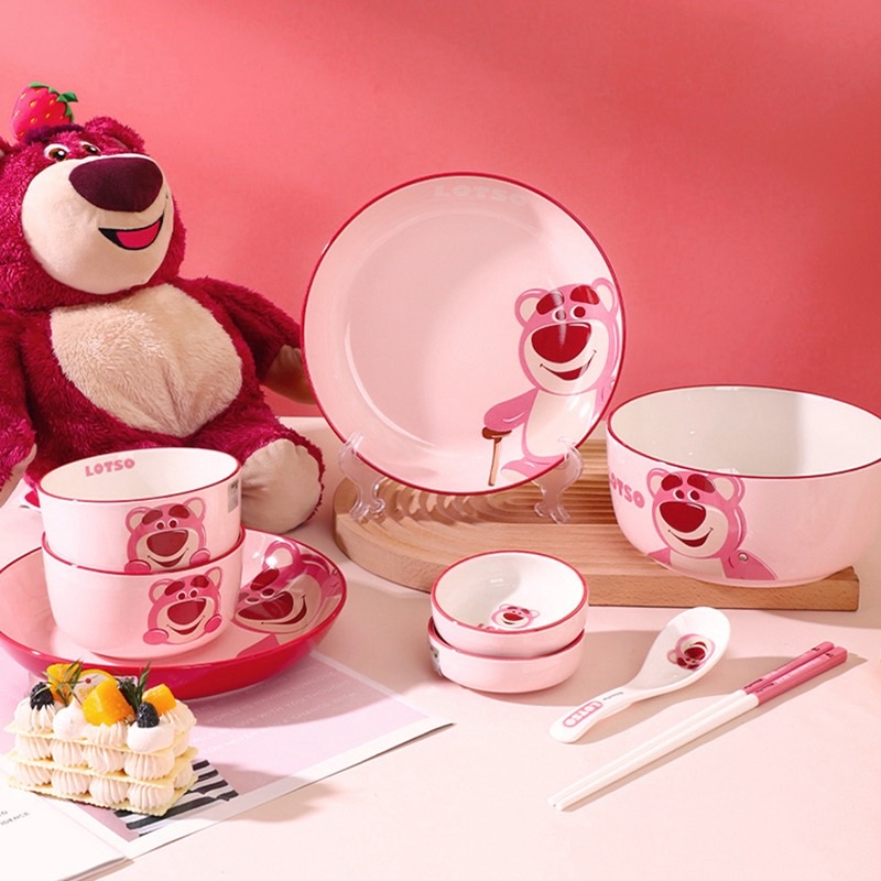 [ SẴN SET 3 MÓN ]Bộ tô bát đũa đồ dùng ăn gốm sứ Gấu Dâu Lotso tráng men cao cấp hàng chính hãng ...