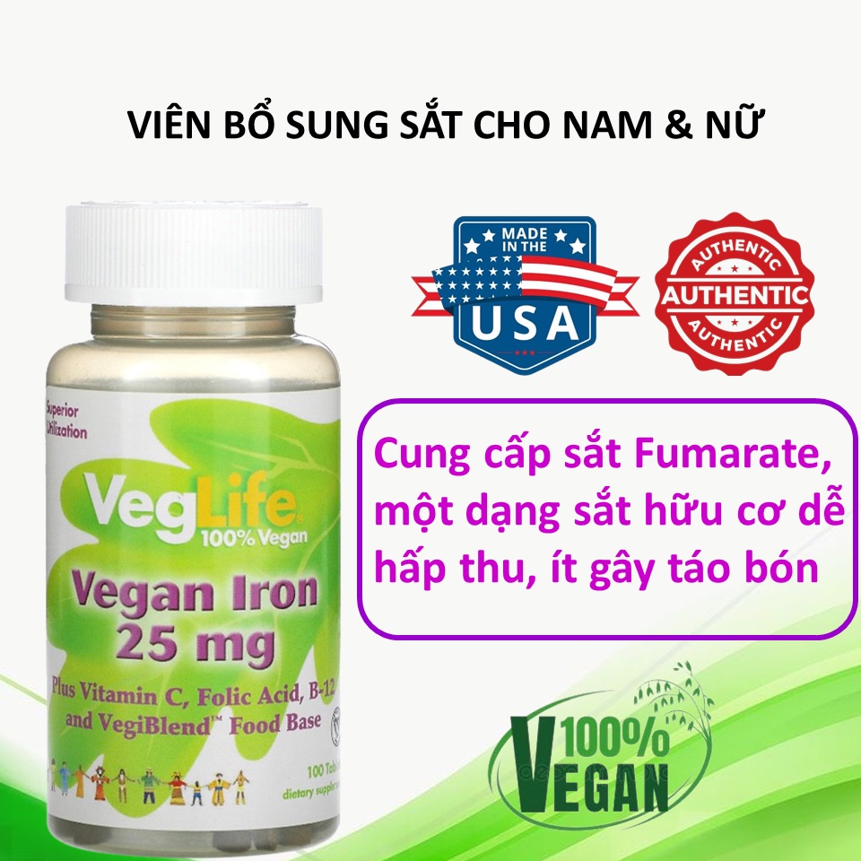 Veglife Vegan Iron 25mg-Viên uống bổ sung sắt thuần chay | Shopee Việt Nam