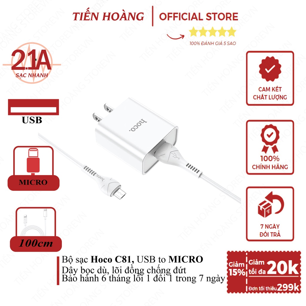 Bộ sạc nhanh Hoco C81 Plus, sạc nhanh 2.1A USB sang Micro, phích cắm ...