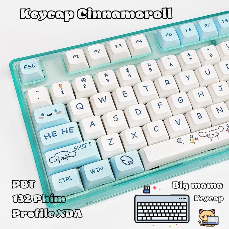 Keycap Cinnamoroll nhựa PBT cao cấp, keycap hoạt hình 132 nút xanh ...
