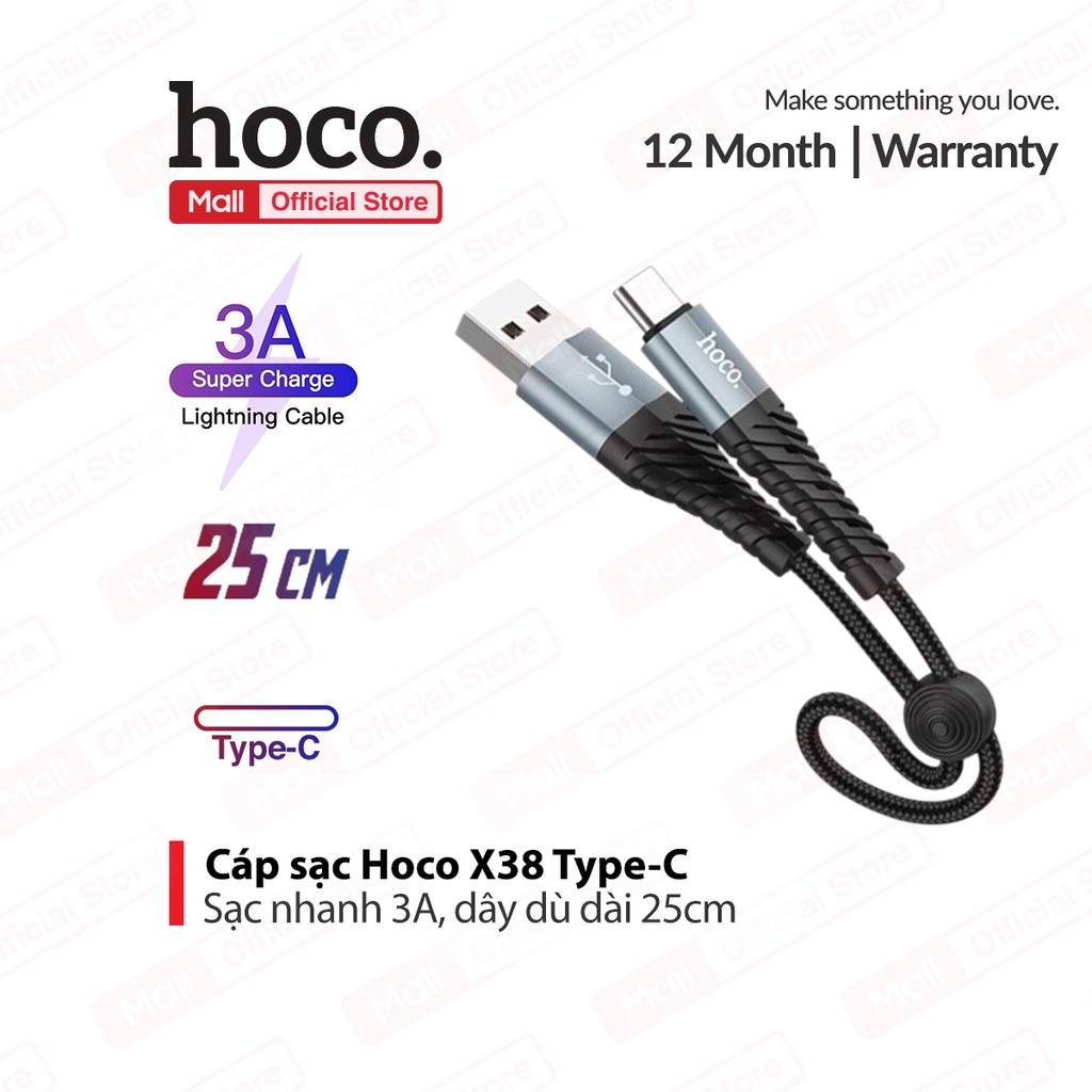 Cáp sạc Hoco X38 Type-C 3A truyền dữ liệu dây dù dài 25CM siêu bền cho Android (Màu Đen ...