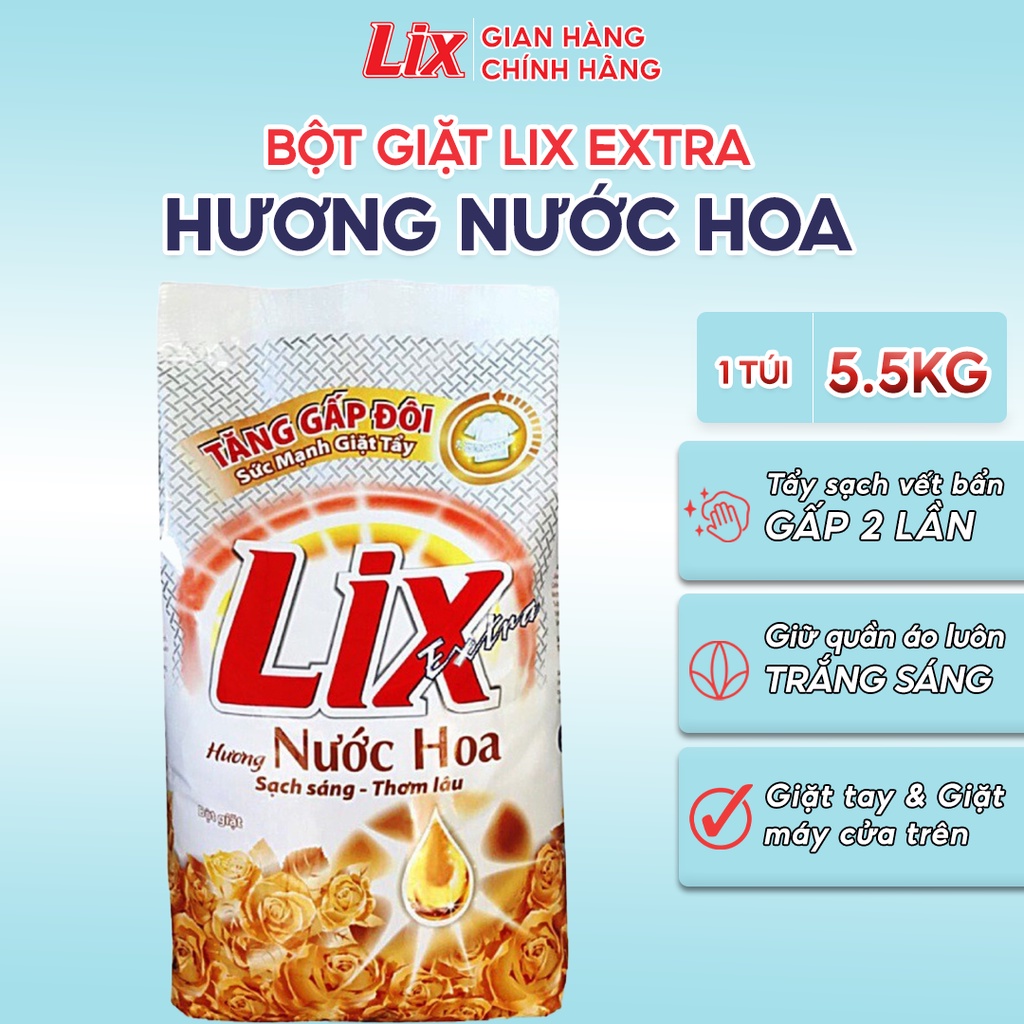 Bột giặt Lix Extra hương nước hoa 5.5kg EH554 tăng gấp đôi sức mạnh giặt tẩy quần áo sạch thơm ...