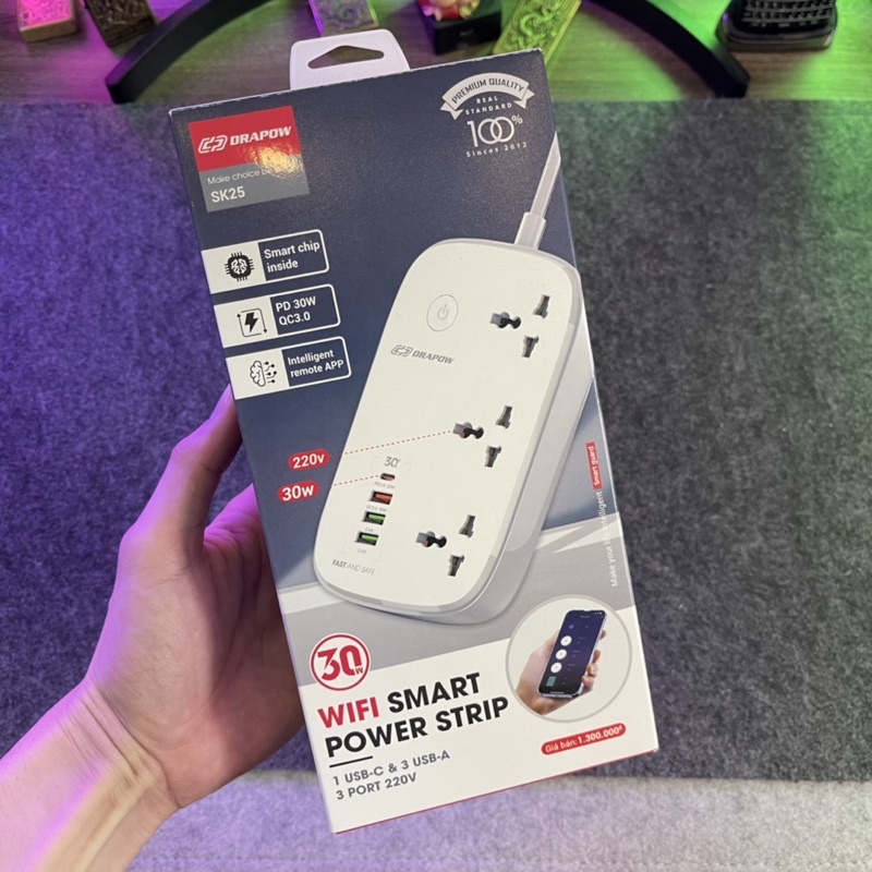 Ổ cắm điện thông minh kết nối App Drapow SK25 3 ổ cắm điện 2500W 1 cổng type C 30W 1 cổng sạc ...