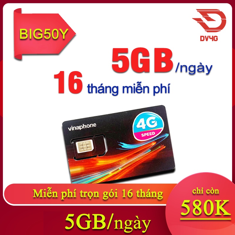Sim 4G Vinaphone Big50y có 5GB/ngày tốc độ cao ( Miễn phí 16 tháng) Free tỷ Gb tiktok, youtube ...