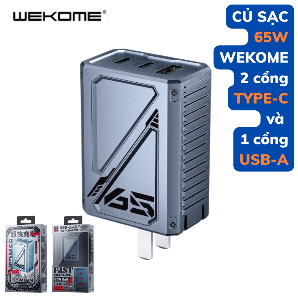 Bộ Củ Sạc Nhanh 65W WEKOME WP-U147 2 cổng TYPE-C và 1 cổng USB-A hỗ trợ ...