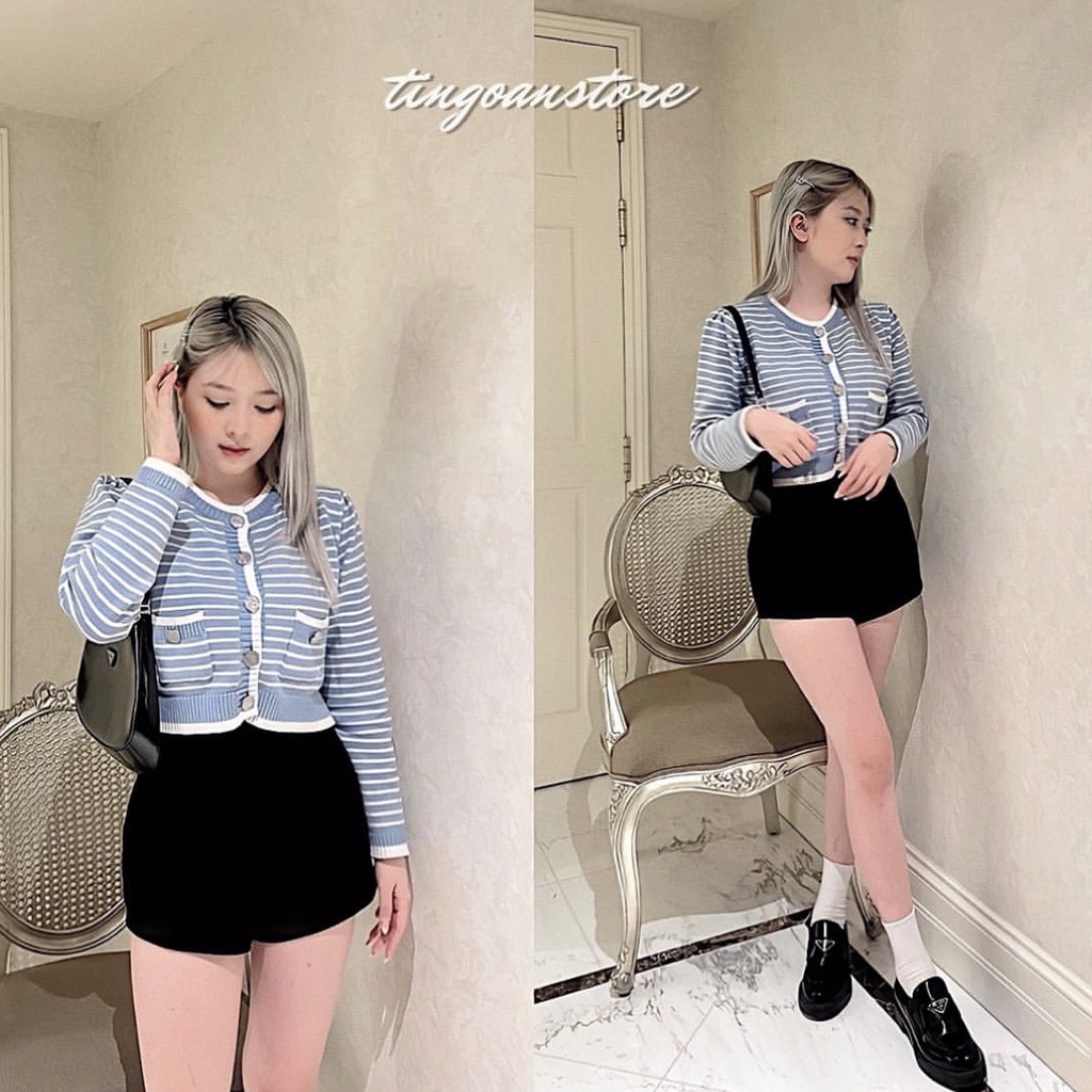 TINGOAN® - Áo set len cardigan lửng tặng kèm áo 2 dây kẻ ngang nhỏ xanh ...