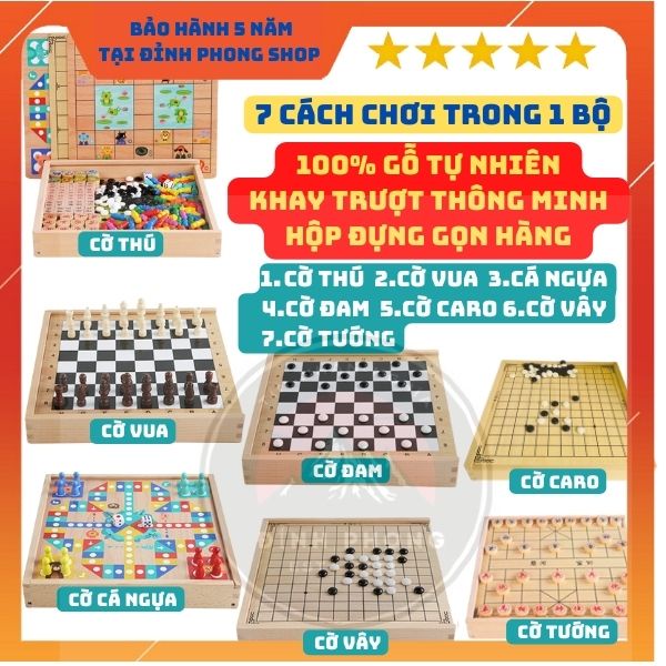 Bộ cờ vua cờ tướng cờ vây cá ngựa cờ đam bằng 100% gỗ tự nhiên không độc hại 7 trong 1-28cm*28cm ...