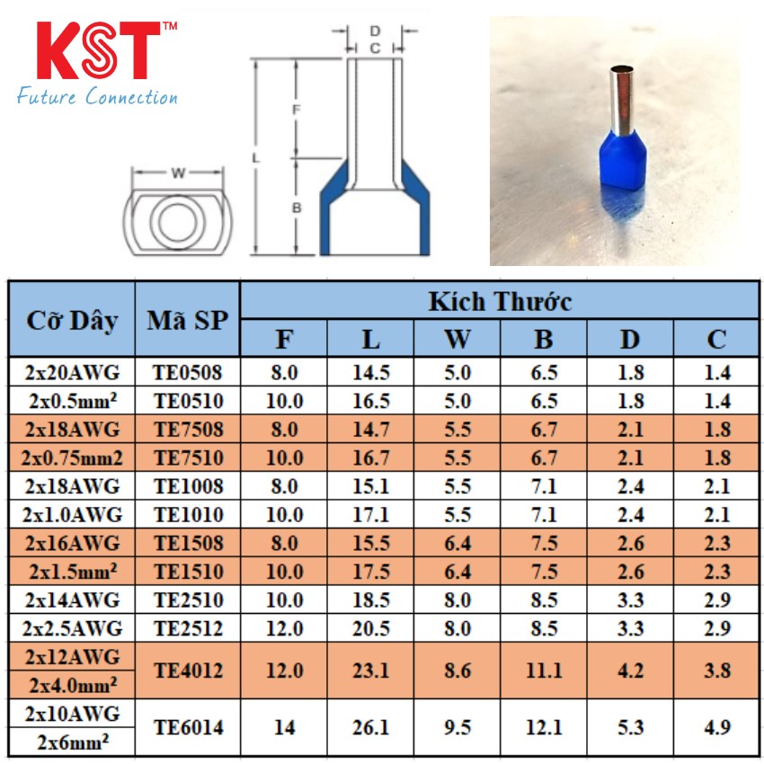 [50cái] Đầu cos pin rỗng đôi cao cấp KST, cosse kim bằng đồng bọc phủ nhựa, cốt bấm nối dây điện ...