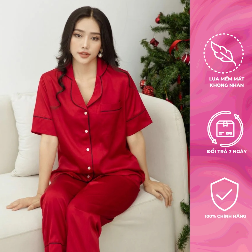 Bộ Đồ Ngủ Nữ Pijama Lụa Mặc Nhà Tay Ngắn Quần Dài Màu Đỏ Viền Đen Size Từ 42kg-62kg | Shopee ...