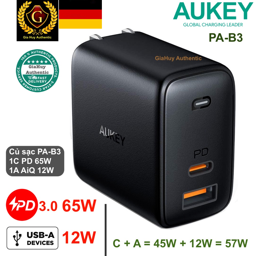 Củ sạc nhanh AUKEY PA-B3 Omnia GaN 65W 1C-1A (1C PD 65W & 1A AiQ 12W) | Shopee Việt Nam