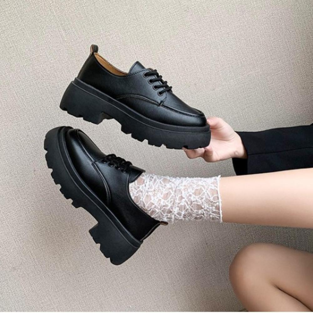 Giày nữ da cổ thấp đế độn, thời trang kiểu dáng basic chất liệu da PU đế cao su độn 4cm [Lù ...