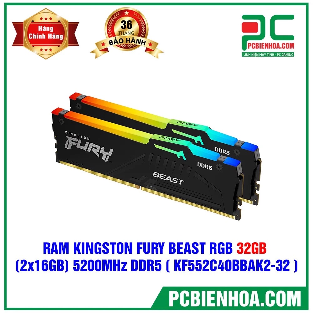 BỘ NHỚ RAM KINGSTON FURY BEAST RGB 32GB (2X16GB) 5200MHZ DDR5 ( KF552C40BBAK2-32 ) - Hàng chính ...