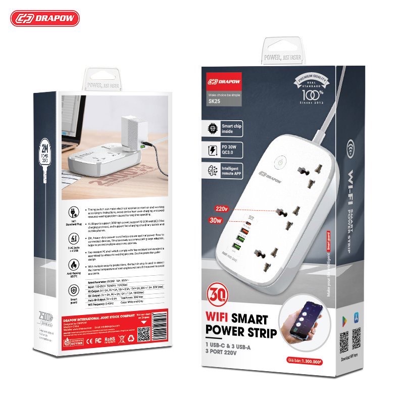 Ổ cắm điện thông minh kết nối App Drapow SK25 3 ổ cắm điện 2500W 1 cổng ...