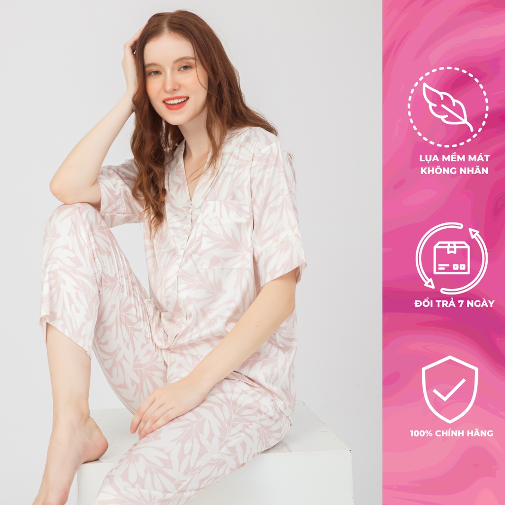 Bộ Đồ Ngủ Nữ Pijama Lụa Mặc Nhà Tay Ngắn Quần Dài Lá Hồng Size Từ 42kg-62kg | Shopee Việt Nam