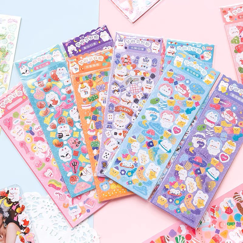SET 2 STICKER SPARKLE HÌNH DÁN GẤU MÈO CUTE LẤP LÁNH NHIỀU CHỦ ĐÊ TRANG ...