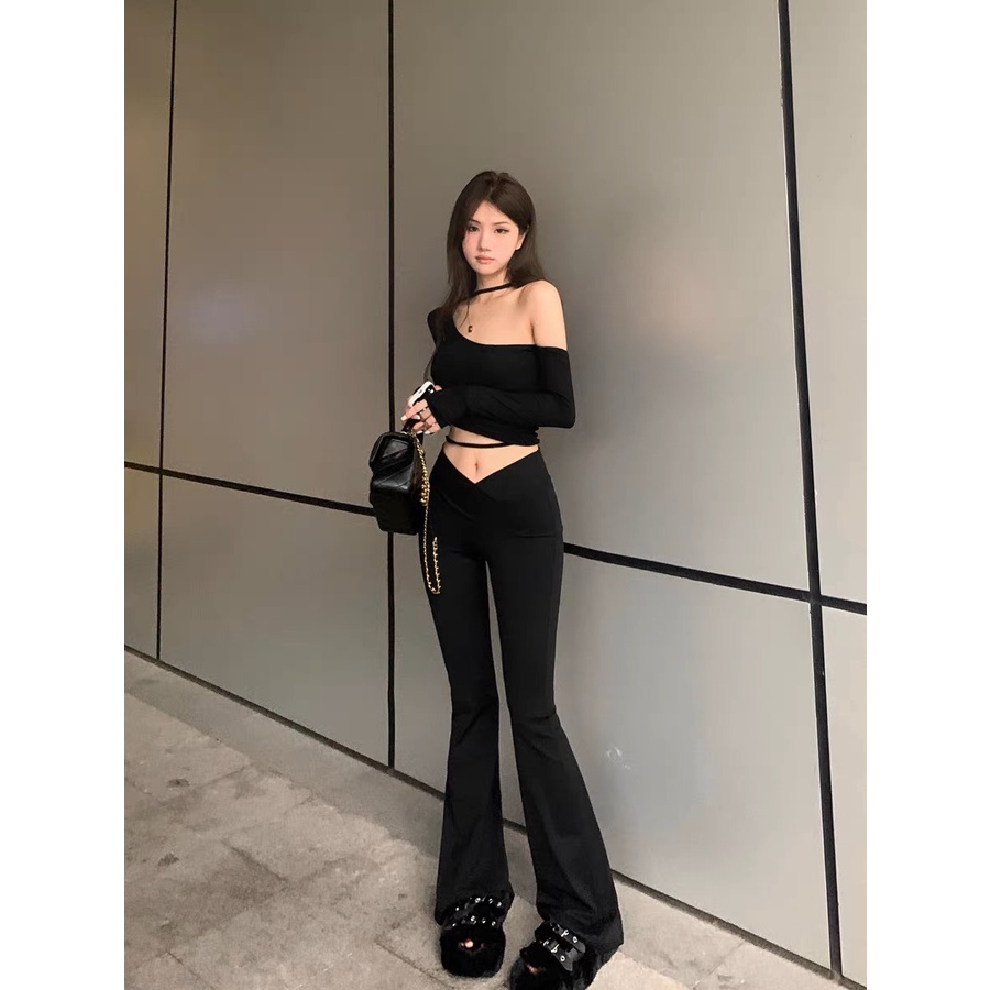 Quần thun loe lưng chữ V hack eo chất thun tôn dáng dáng ôm gym thể thao Trend y2k 2023 Lolalalo ...